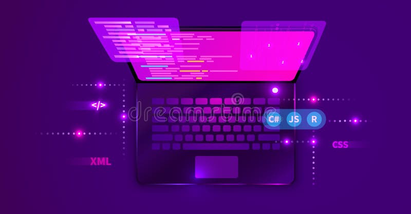 Web Development Coding And Programming Futuristic Banner Computer Code On Laptop Stock Vector