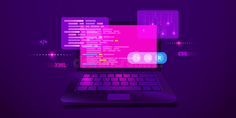 Web Development Coding And Programming Futuristic Banner Computer Code On Laptop Stock Vector