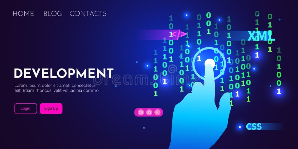 Web Development Coding And Programming Futuristic Banner Hand Touching Computer Code Stock