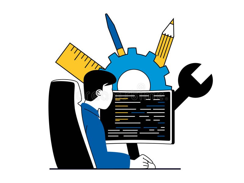 Web Development Concept With Character Situation Man Working With Programming Code At Computer