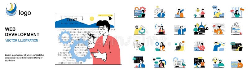 Web Development Concept with Character Situations Mega Set. Bundle of Scenes People Creating Web ...
