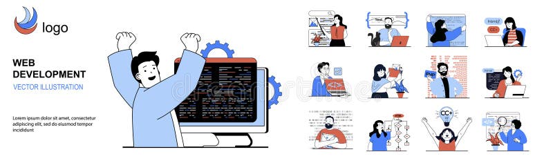 Web Development Concept with Character Situations Mega Set in Flat ...