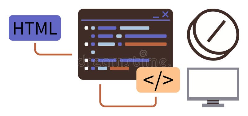 Web Development Concept with Coding Window, HTML Tag, Computer, and Debugging Elements Stock ...