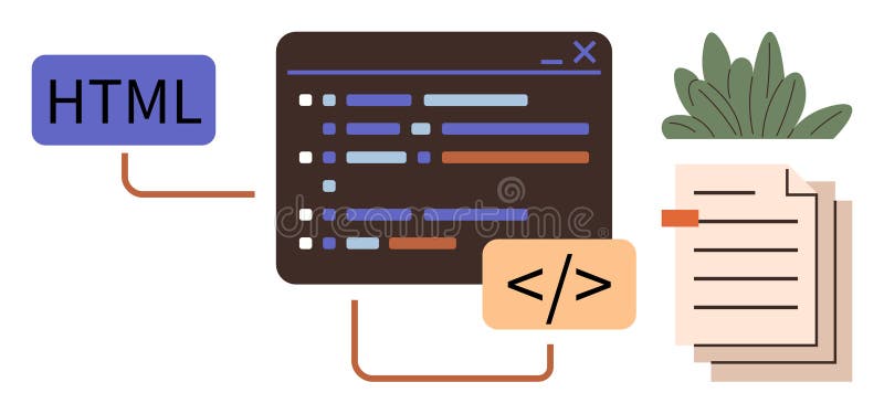Web Development Concept with HTML Code Editor and Document Elements Stock Vector - Illustration ...