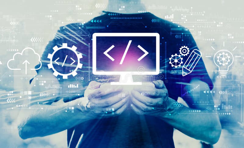 Web Development Concept with Man Holding Smartphone Stock Photo - Image ...