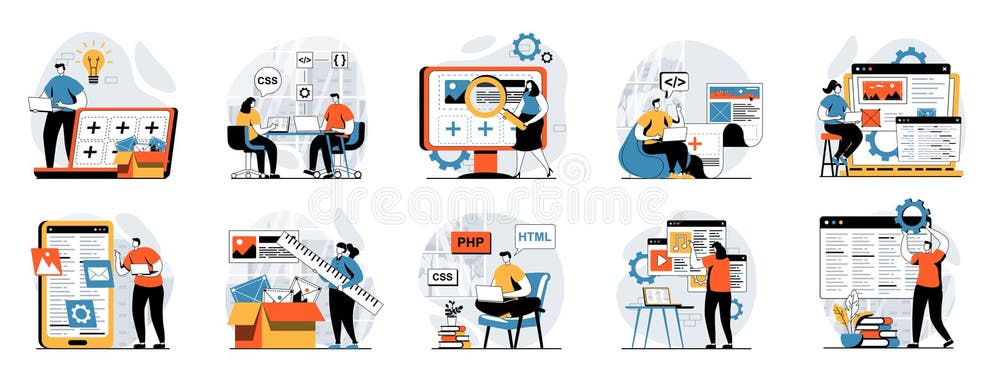 Web Development Concept with People Scenes Mega Set in Flat Design. Bundle of Character ...