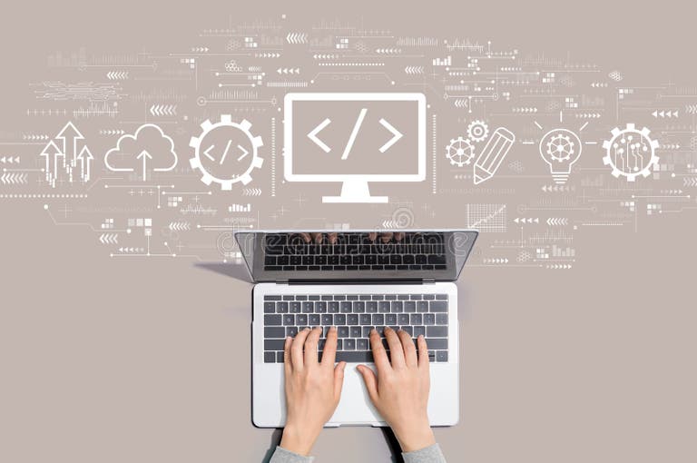 Web Development Concept with Person Using Laptop Stock Illustration ...