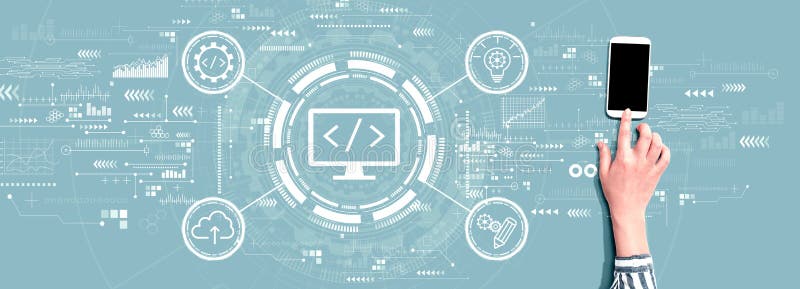 Web Development Concept with Person Using Smartphone Stock Illustration ...