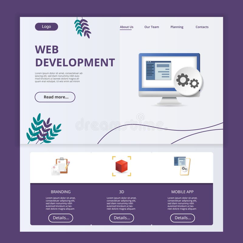 Web Development Flat Landing Page Website Template. Branding, 3D, Mobile App. Web Banner with ...
