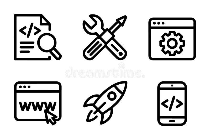 Web Development Icons Code Magnifier Tools Browser Rocket and Mobile Phone Document File Stock ...