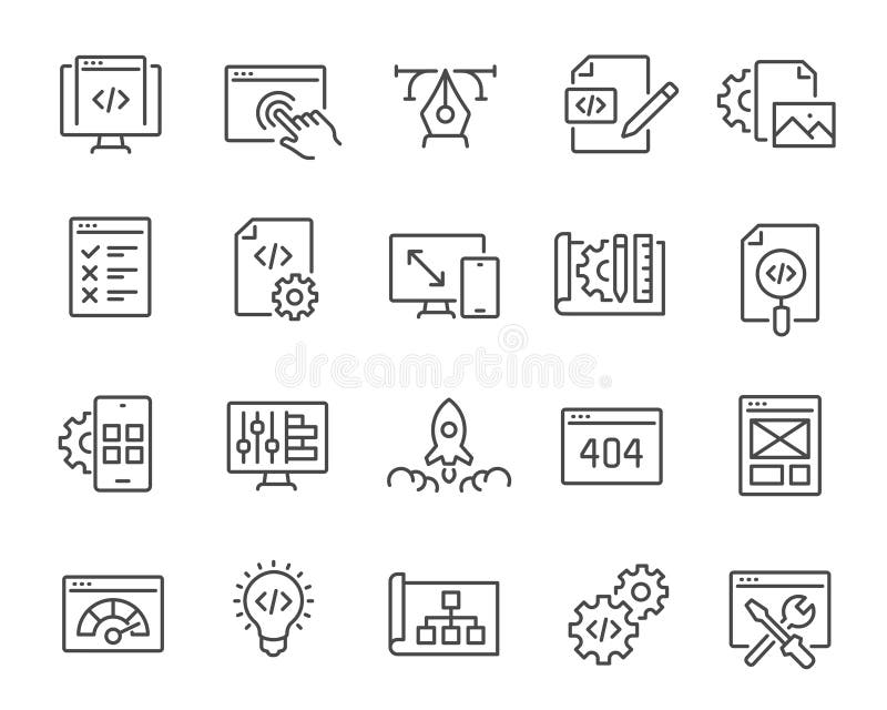 Web Development Icons Set Such As Project Launch Code Hierarchy Bug