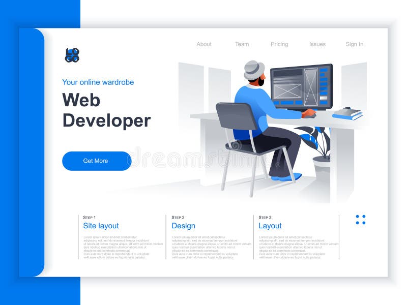 Web Development Isometric Landing Page. Web Designer Working with Computer in Office Situation ...