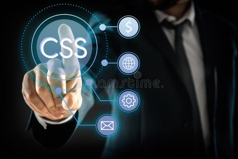 Web Development. Man Using Button CSS on Virtual Screen Stock Photo ...