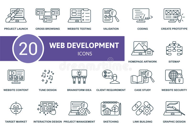 Web Development Outline Icons Set Creative Icons Project Launch Cross Browsing Website