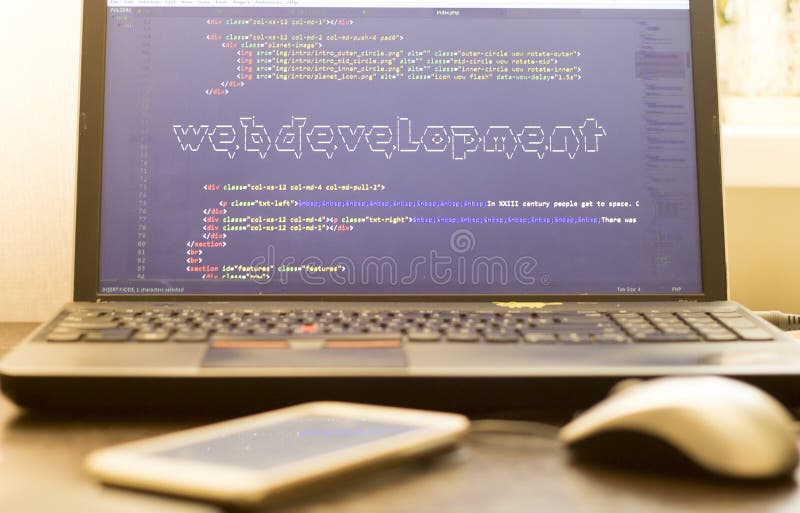 Web Development Phrase Ascii Art Inside Html Code Web Developer Workplace In Sunset Lights