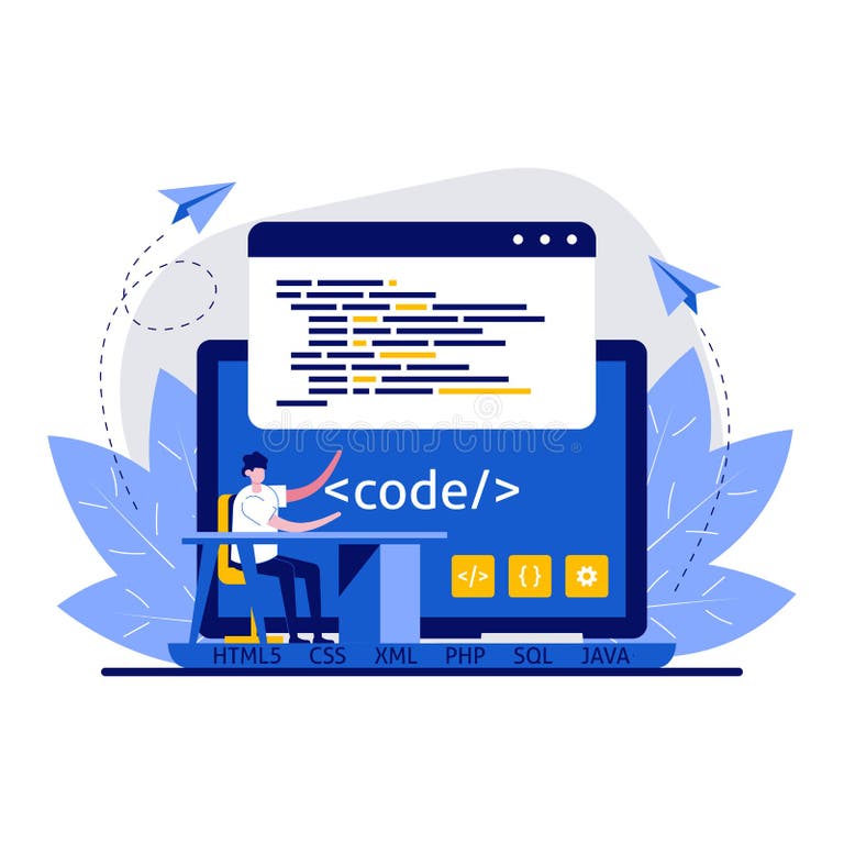 Web Development, Programming and Coding Concept with Character. Programmers with Laptop Coding ...