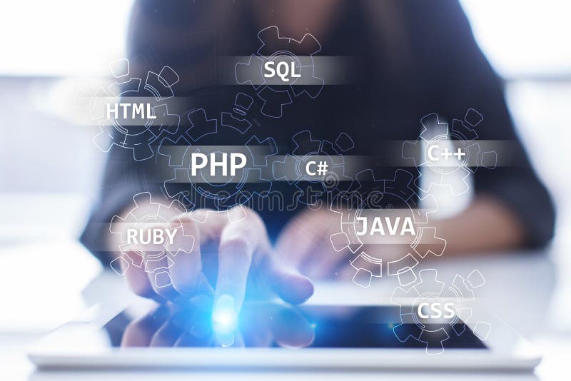 Web Development Tools Concept On Virtual Screen Programming Language And Scripts Php Sql