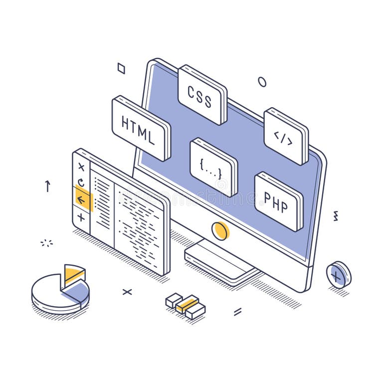 Web Development Tools and Elements in a Digital Workspace Environment Isometric Line Art Stock ...