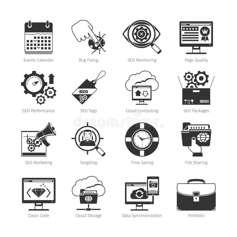 Web-Entwicklung Und SEO Flat Icons Set Vektor Abbildung - Illustration ...