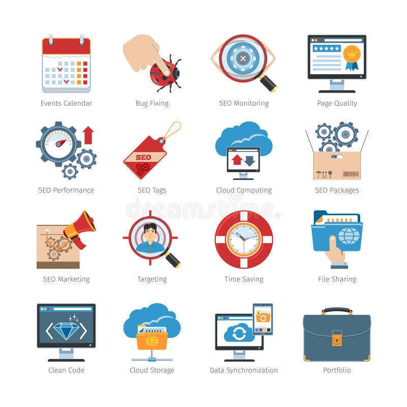 Web-Entwicklung Und SEO Flat Icons Set Vektor Abbildung - Illustration ...