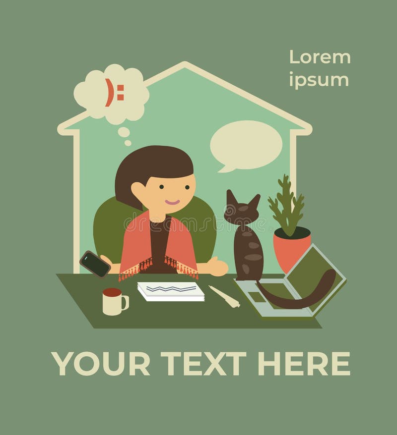 The Girl Works at Home at the Computer. Stock Illustration ...