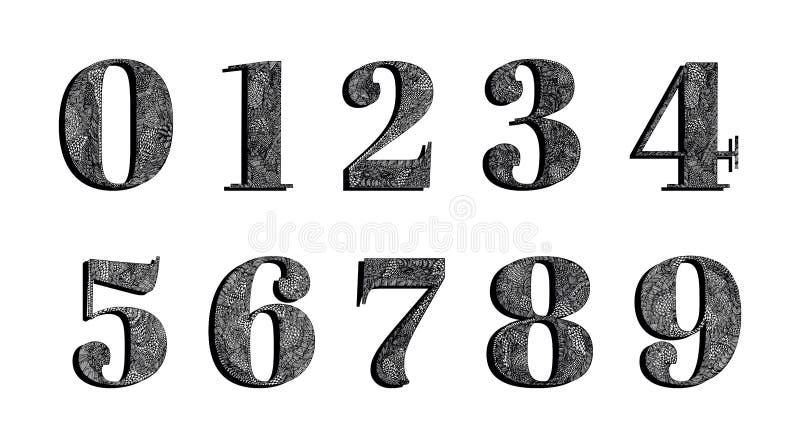 Hand Drawn Numbers Set. Texture of Lines, Dots and Plant Elements Stock ...