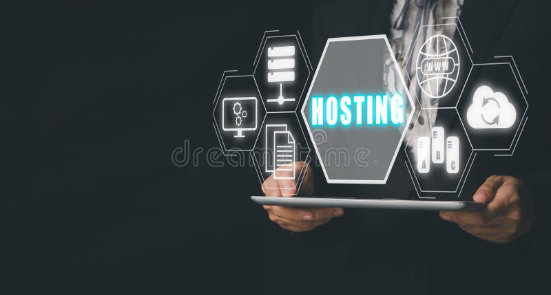 Business Person Using Tablet Computer with Hosting Icon on Virtual ...