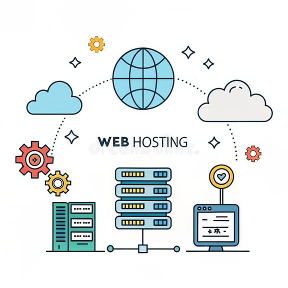 Web Hosting Concept Flat Line Art Illustration, Isolated on White ...
