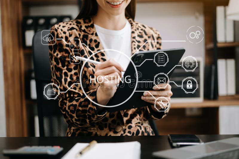 Web Hosting Concept, Woman Using Computer, Tablet and Presses His ...