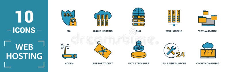 Web Hosting Icon Set. Include Creative Elements Data Structure, Cloud Technology, Ssd, File ...