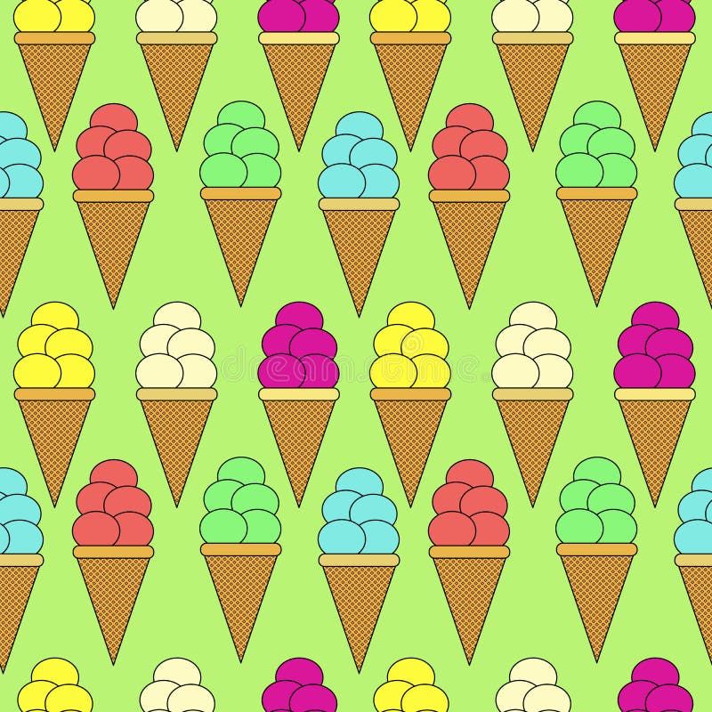 Ice Cream Cone Seamless Pattern On A Green Background Colorful Vector