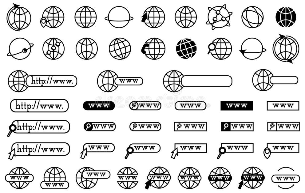 Web Icons in Black. Set of Globe Internet Logo, Www Icons Collection in ...
