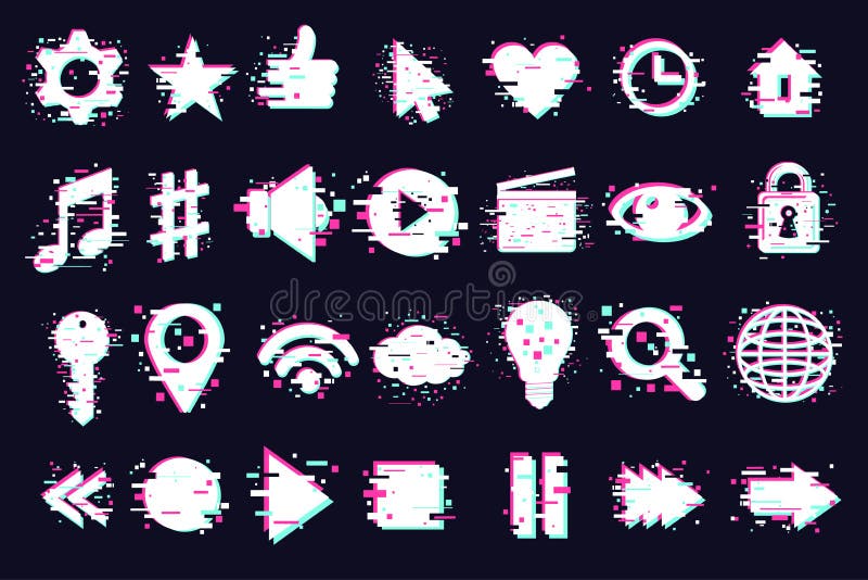 Web Icons Set. User Interface Symbols, Glitch Style. GUI Elements ...