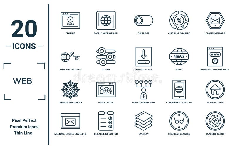 Web Linear Icon Set. Includes Thin Line Closing, Web Stocks Data Line Graphic Interface, Cobweb ...
