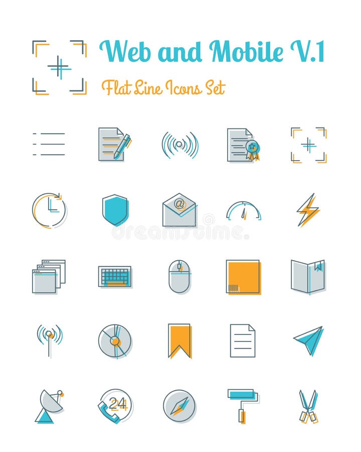 Web and Mobile Icons Set Flat Line Style Stock Vector - Illustration of ...