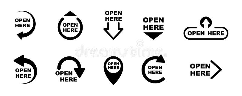 Open Here Icons Vector Set. Open Here Stickers or Labels for Package ...