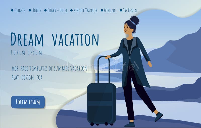 Landing Page Template of Dream Vacation. Woman and the Mountain Peaks ...