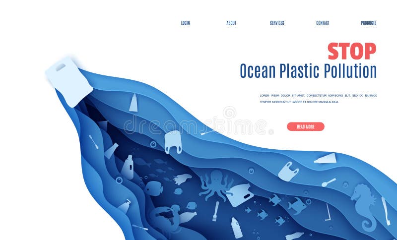 Stop Ocean Plastic Pollution Vector Paper Art Poster Banner Template