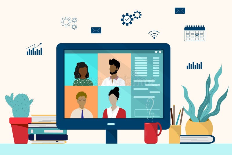 People Working at a Computer Hold a Video Conference Stock Vector ...