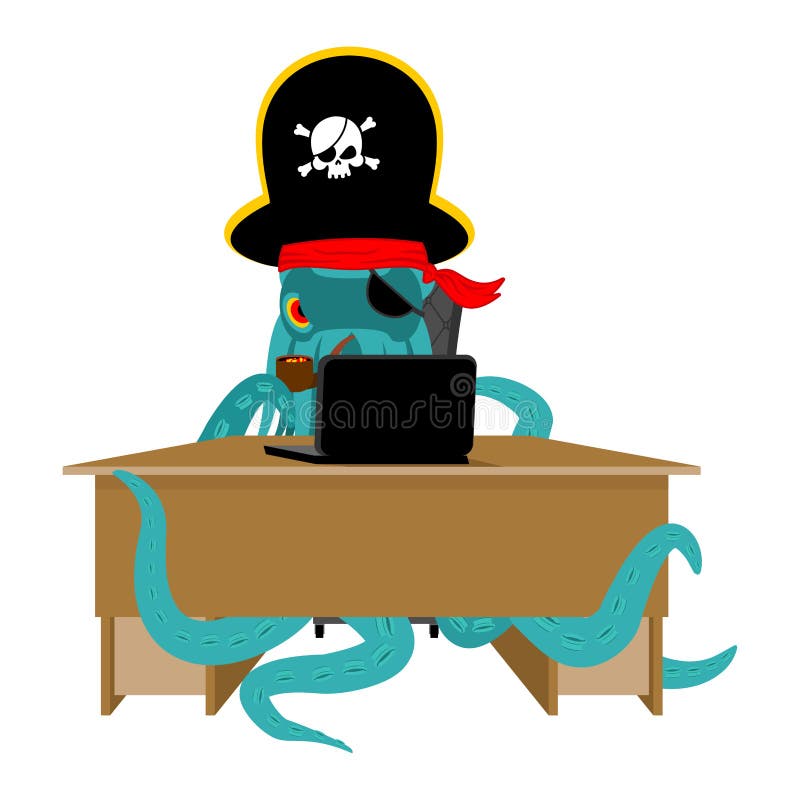Web Pirate Octopus and Laptop. Poulpe Internet Hacker and PC Stock ...