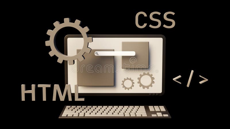 Web Programming With Css And Html Languages With Close Up Of A Desktop Computer And Cogwheels