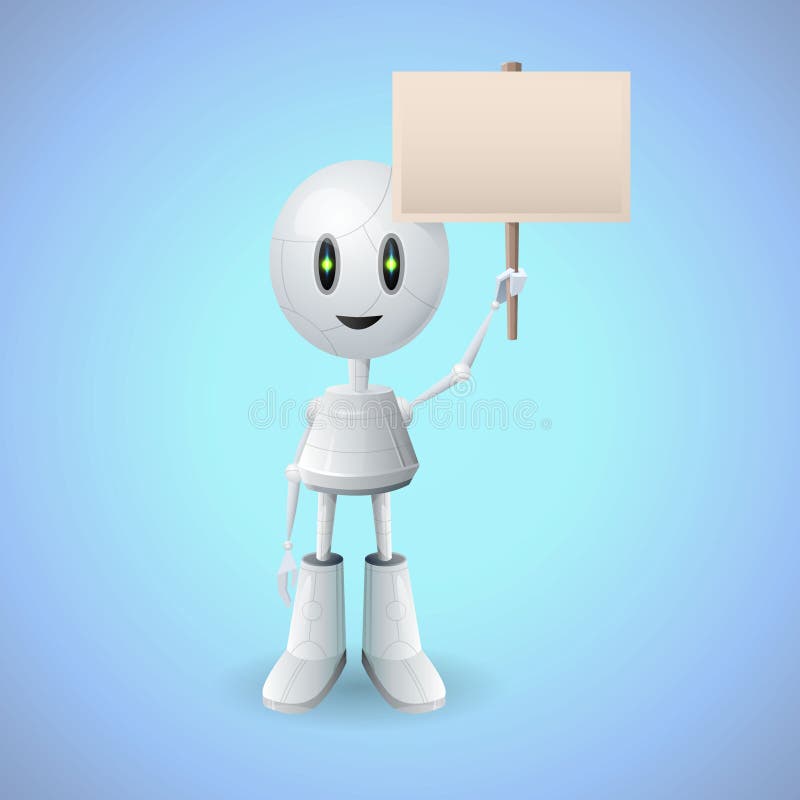 White Smiling Cartoon Robot Holding Sign. Stock Illustration ...