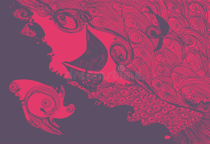 Sailing Ship at Sea. Graphic Abstract Hand Drawn Vector Stock ...