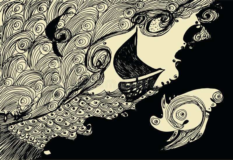 Sailing Ship at Sea. Graphic Abstract Hand Drawn Vector Stock ...