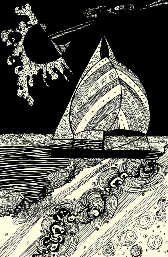 Sailing Ship at Sea. Graphic Abstract Hand Drawn Vector Stock ...