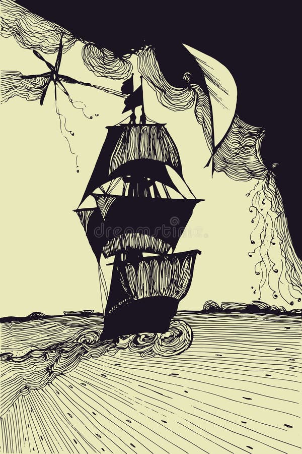 Sailing Ship at Sea. Hand Drawn Vector Graphic Stock Illustration ...