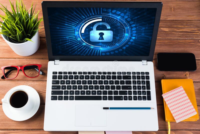 Web Security and Technology Concept with Laptop on Wooden Table Stock ...