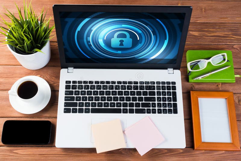 Web Security and Technology Concept with Laptop on Wooden Table Stock ...
