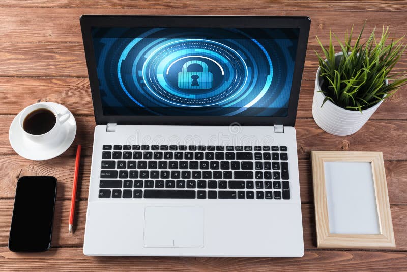 Web Security and Technology Concept with Laptop on Wooden Table Stock ...