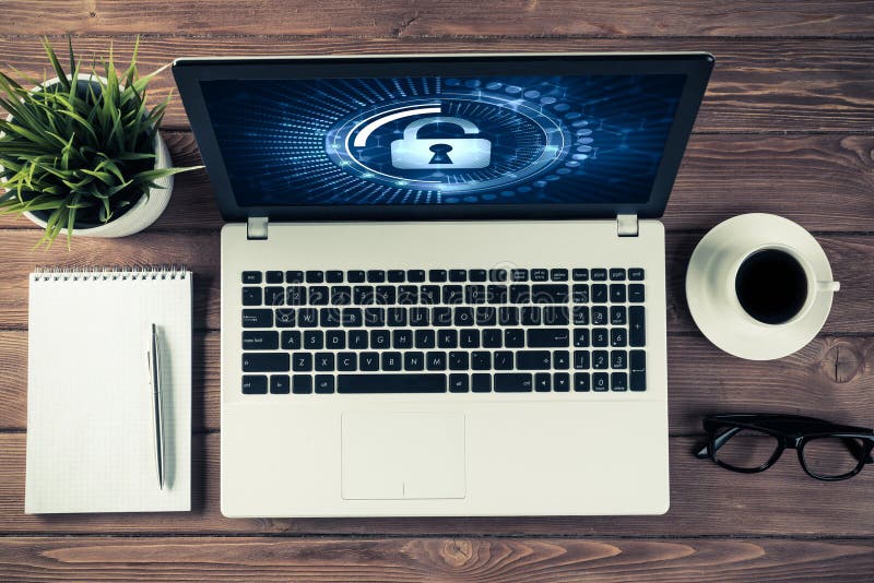 Web Security and Technology Concept with Laptop on Wooden Table Stock ...